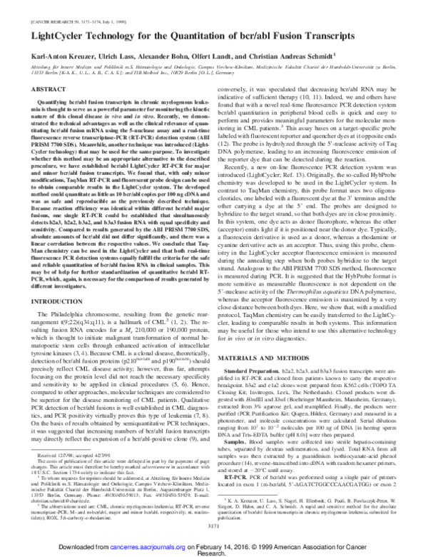 (PDF) LightCycler technology for the quantitation of bcr/abl fusion ...