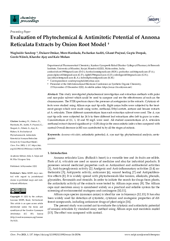 Evaluation of Phytochemical Antimitotic Potential of Annona Reticulata Extracts by Onion Root Model