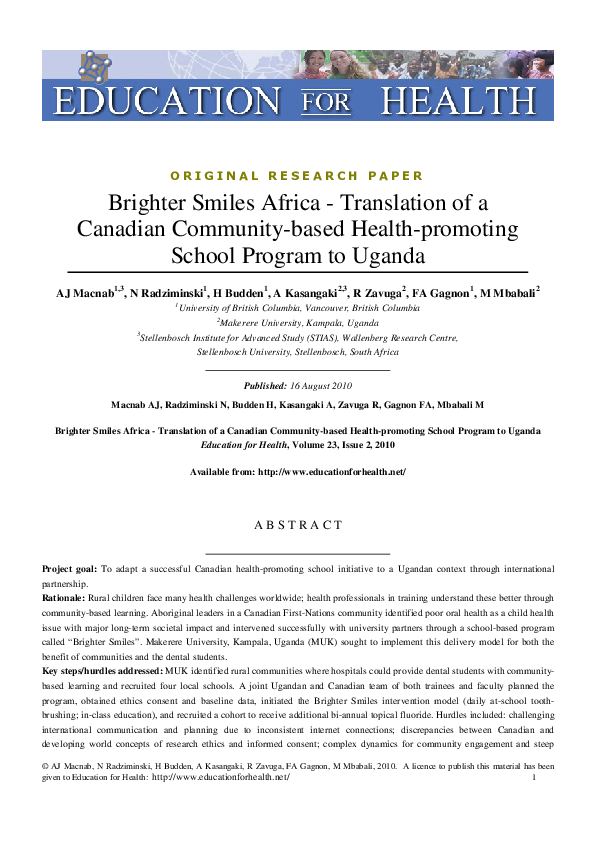 (PDF) Brighter Smiles Africa--translation of a Canadian community-based health-promoting school ...