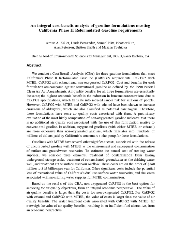 (PDF) An integral cost-benefit analysis of gasoline formulations ...