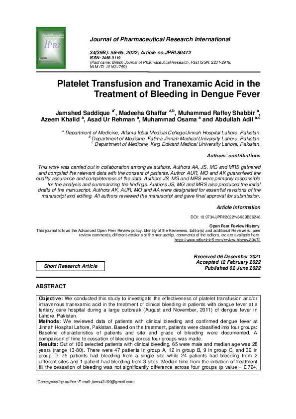 (PDF) Platelet Transfusion and Tranexamic Acid in the Treatment of ...