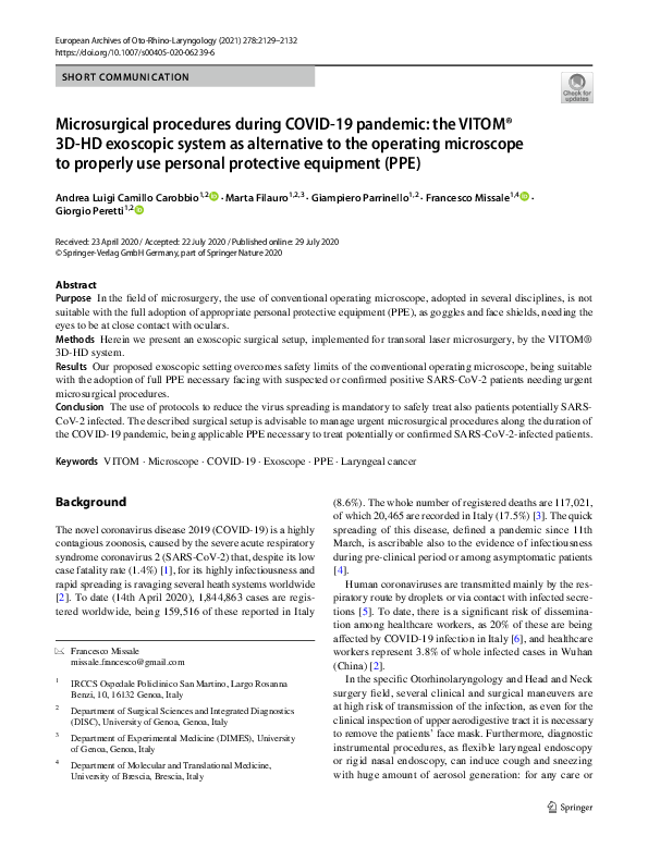 (PDF) Microsurgical procedures during COVID-19 pandemic: the VITOM® 3D ...