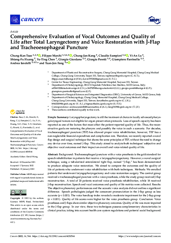 (PDF) Comprehensive Evaluation of Vocal Outcomes and Quality of Life after Total Laryngectomy ...