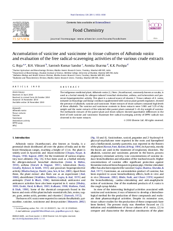 (PDF) Accumulation of vasicine and vasicinone in tissue cultures of ...