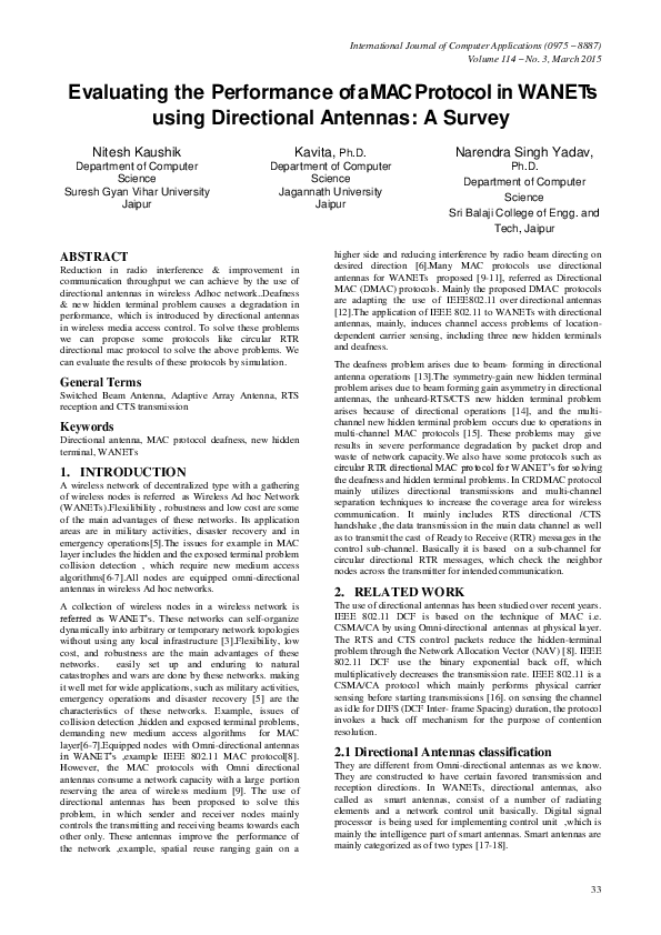 (PDF) Evaluating the Performance of a MAC Protocol in WANET's using Directional Antennas: A Survey