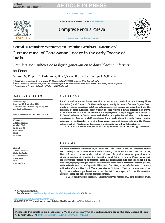 (PDF) First mammal of Gondwanan lineage in the early Eocene of India