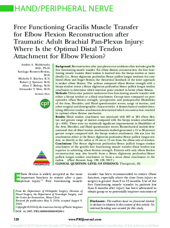 (PDF) Free Functioning Gracilis Muscle Transfer for Elbow Flexion ...