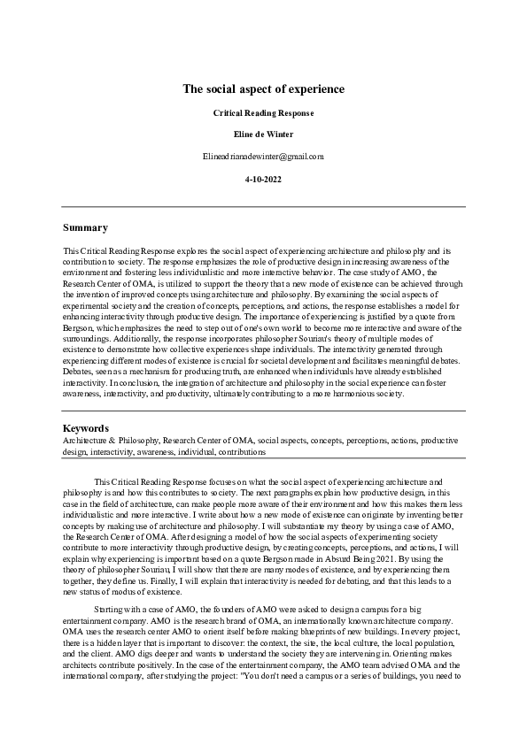(PDF) The social aspect of experience Critical Reading Response
