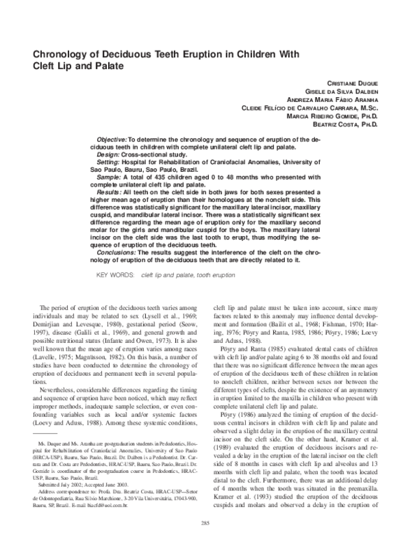 (PDF) Chronology of Deciduous Teeth Eruption in Children With Cleft Lip ...