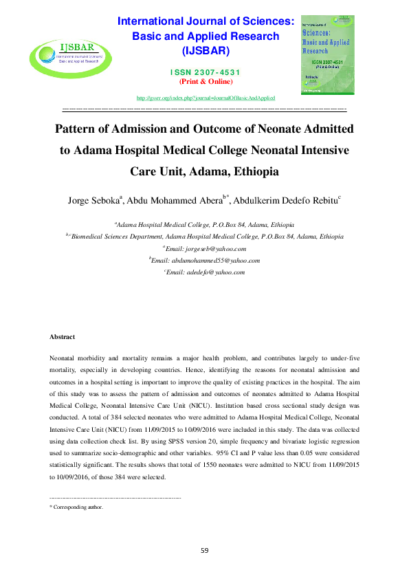 (PDF) Pattern of Admission and Outcome of Neonate Admitted to Adama ...