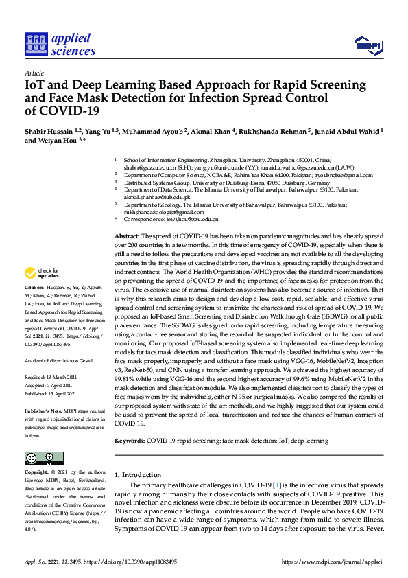 (PDF) IoT and Deep Learning Based Approach for Rapid Screening and Face Mask Detection for ...