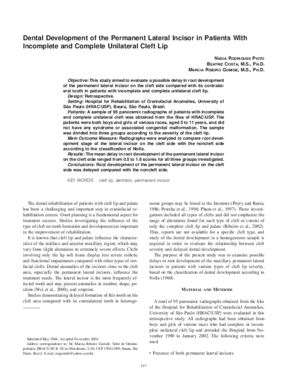 (PDF) Dental Development of Permanent Lateral Incisor in Complete Unilateral Cleft Lip and Palate