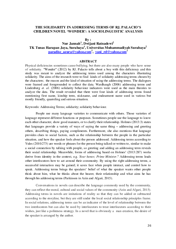 (PDF) The Solidarity in Addressing Terms of Rj. Palacio’s Children Novel ‘Wonder’: A ...