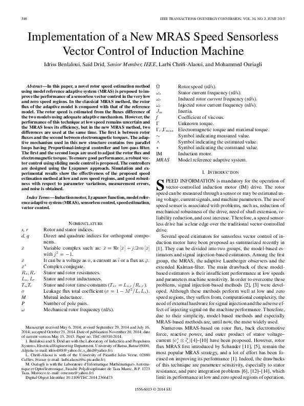 Pdf Implementation Of A New Mras Speed Sensorless Vector Control Of Induction Machine