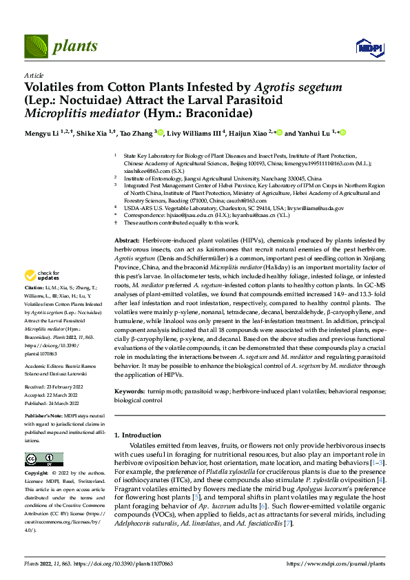(PDF) Volatiles from Cotton Plants Infested by Agrotis segetum (Lep ...