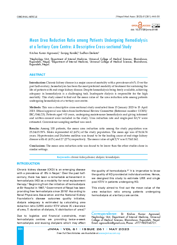 (PDF) Mean Urea Reduction Ratio among Patients Undergoing Hemodialysis ...
