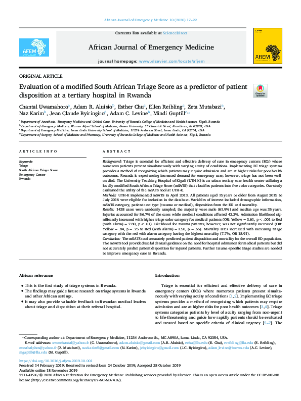 (PDF) Evaluation of a modified South African Triage Score as a ...