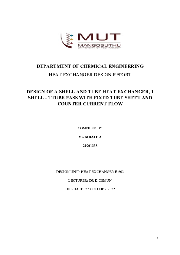 (DOC) DEPARTMENT OF CHEMICAL ENGINEERING HEAT EXCHANGER DESIGN REPORT ...