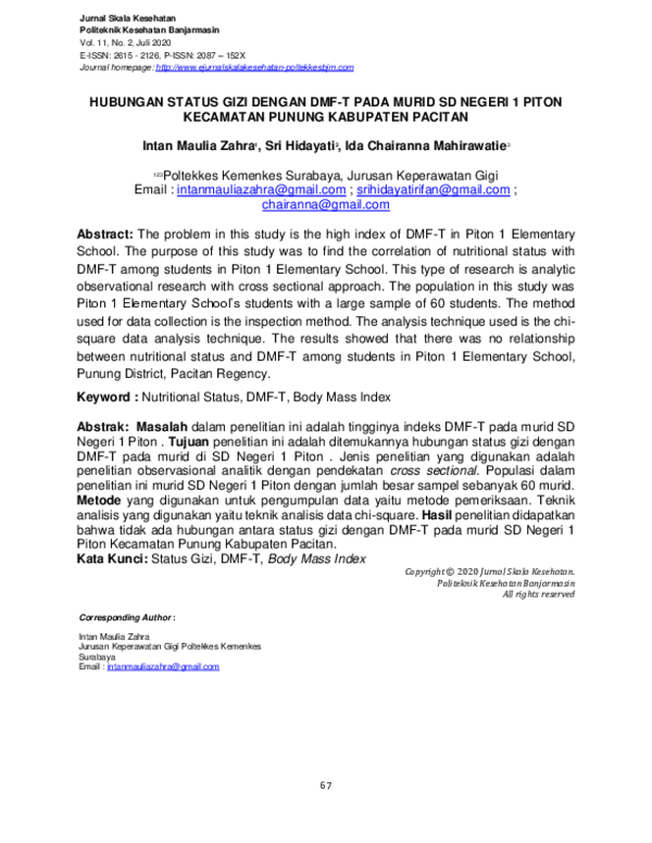 (PDF) Hubungan Status Gizi dengan DMF-T pada Murid SD Negeri 1 Piton Kecamatan Punung Kabupaten ...