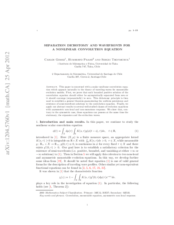 (PDF) Separation dichotomy and wavefronts for a nonlinear convolution ...