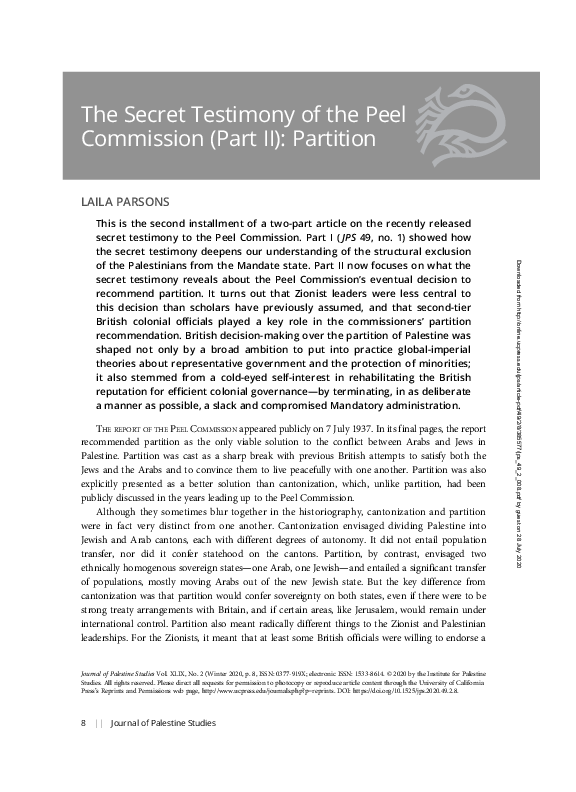 (PDF) The Secret Testimony of the Peel Commission (Part II): Partition ...
