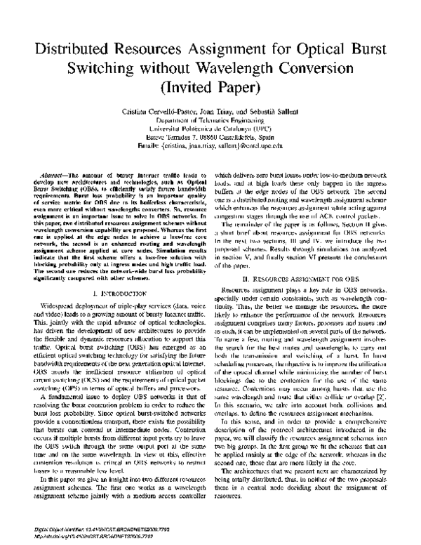 Pdf Distributed Resources Assignment For Optical Burst Switching Without Wavelength Conversion