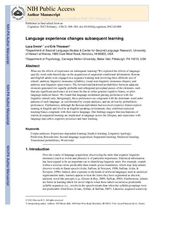 (PDF) Language experience changes subsequent learning