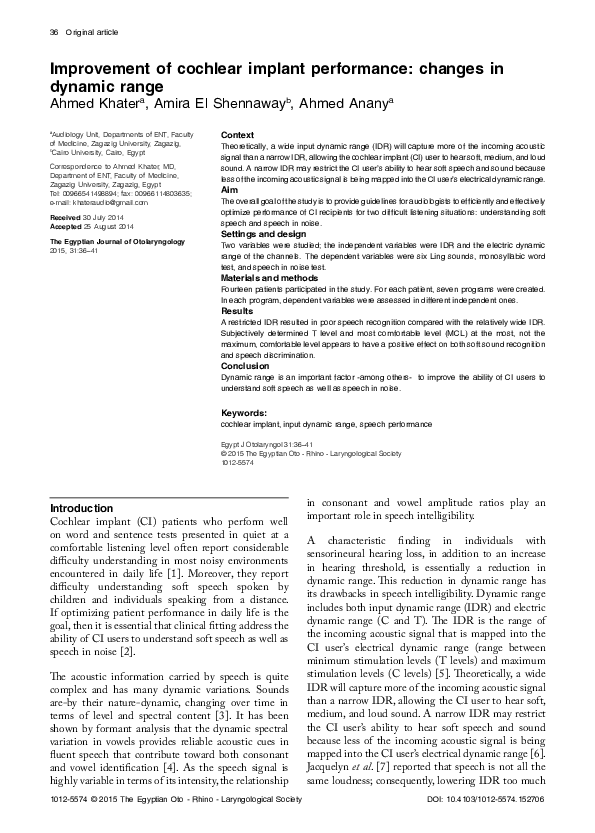 (PDF) Improvement of cochlear implant performance: changes in dynamic range