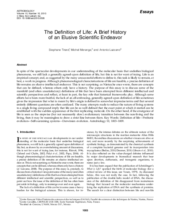 (PDF) The Definition of Life: A Brief History of an Elusive Scientific ...