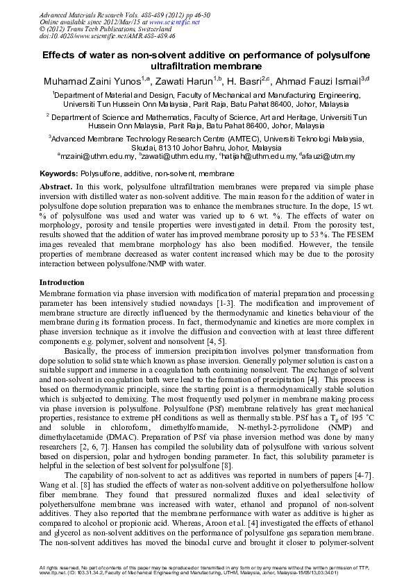 (PDF) Effects of Water as Non-Solvent Additive on Performance of Polysulfone Ultrafiltration ...