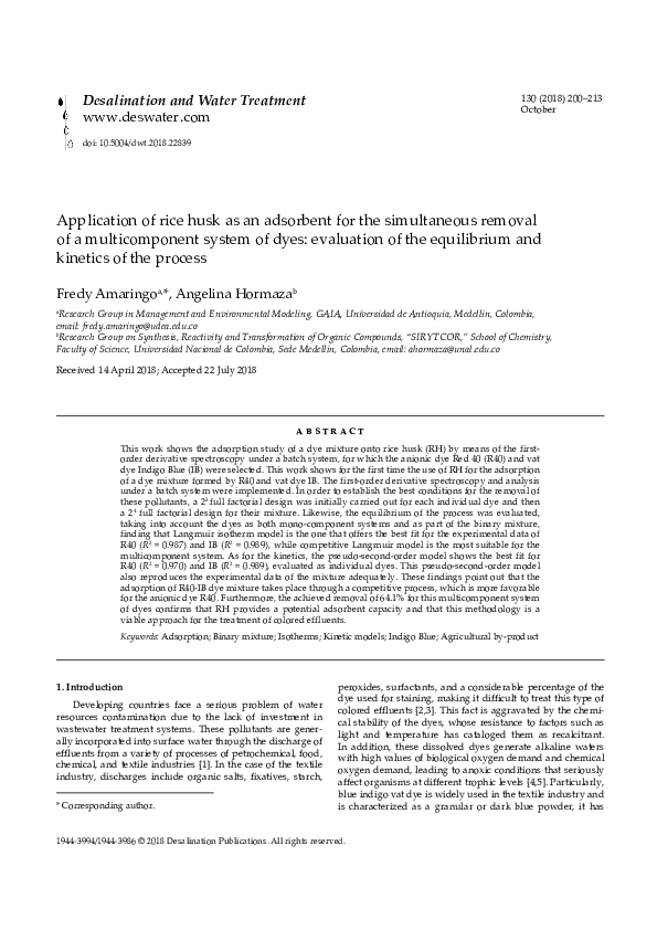 (PDF) Application of rice husk as an adsorbent for the simultaneous removal of a multicomponent ...