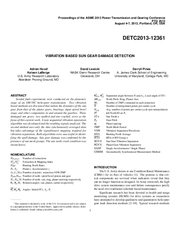 (PDF) Vibration Based Sun Gear Damage Detection