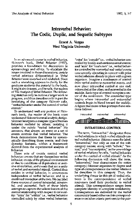 (PDF) Intraverbal Behavior: The Codic, Duplic, and Sequelic Subtypes