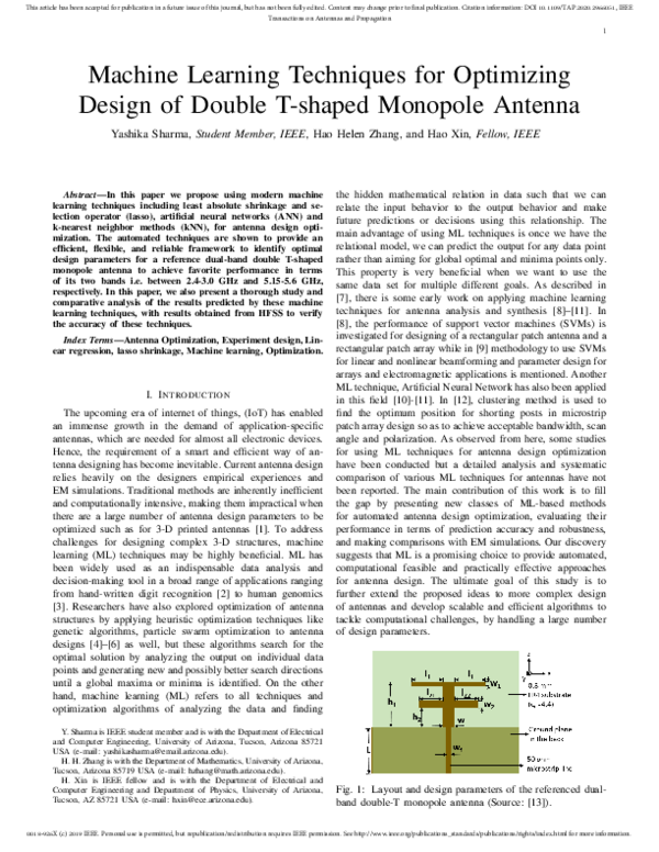 (PDF) Machine Learning Techniques for Optimizing Design of Double T-Shaped Monopole Antenna