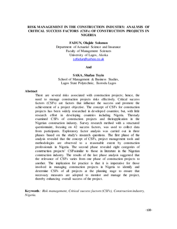 (PDF) Risk management in the construction industry: Analysis of critical success factors (CSFs ...