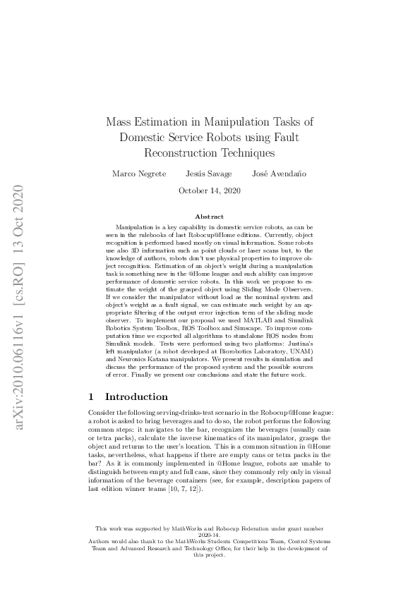 (PDF) Mass Estimation in Manipulation Tasks of Domestic Service Robots using Fault ...