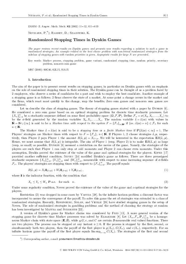 (PDF) Randomized Stopping Times in Dynkin Games