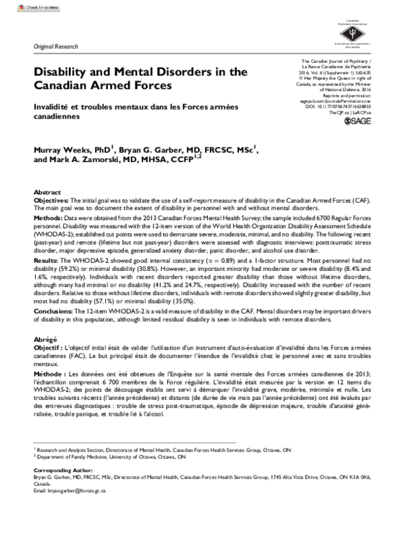 (PDF) Disability and Mental Disorders in the Canadian Armed Forces