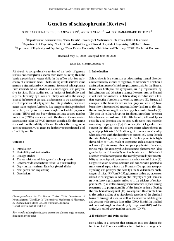 (PDF) Genetics of schizophrenia (Review) | Bogdan Patrichi - Academia.edu