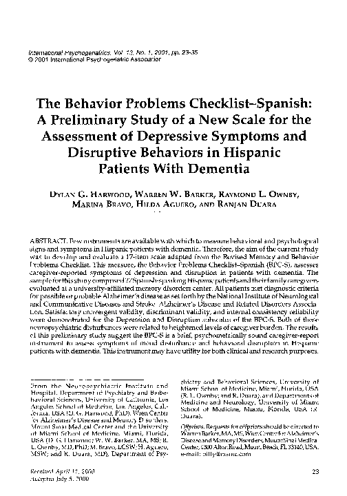 (PDF) The Behavior Problems Checklist-Spanish: A Preliminary Study of a ...