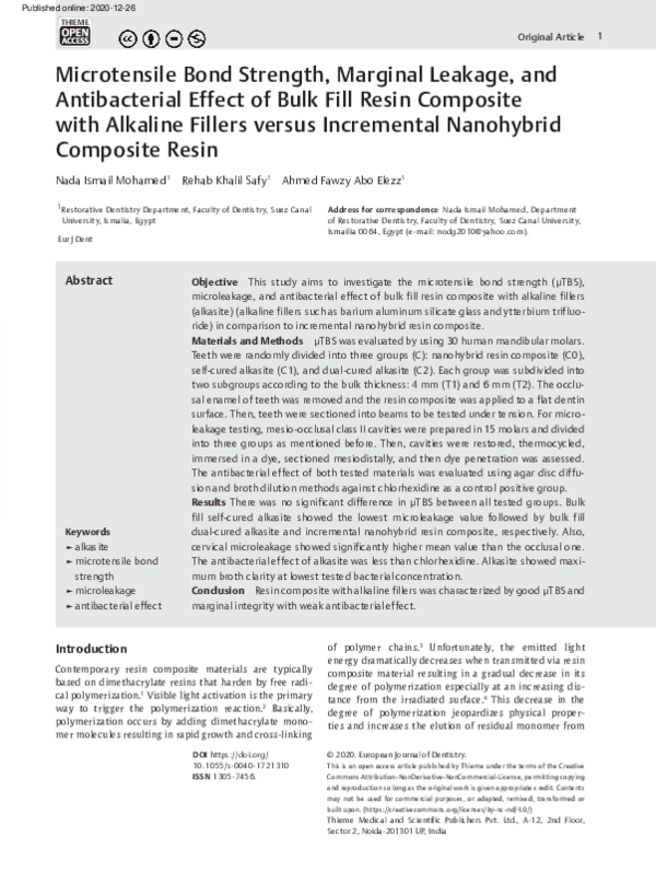 Pdf Microtensile Bond Strength Marginal Leakage And Antibacterial Effect Of Bulk Fill Resin