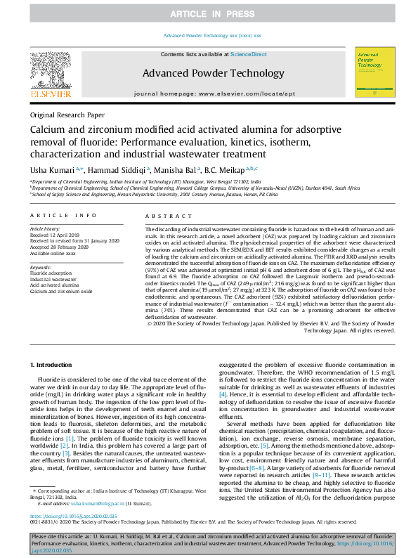 (PDF) Calcium and zirconium modified acid activated alumina for ...