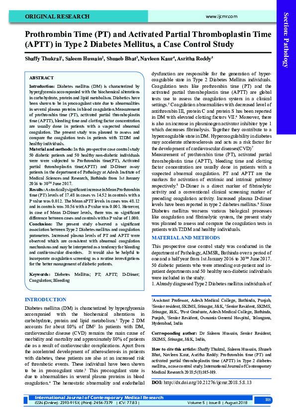 Pdf Prothrombin Time Pt And Activated Partial Thromboplastin Time