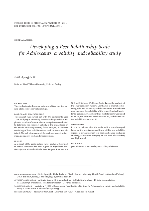 (PDF) Developing a Peer Relationship Scale for Adolescents: a validity and reliability study