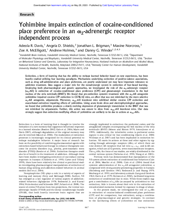 (PDF) Yohimbine impairs extinction of cocaine-conditioned place ...
