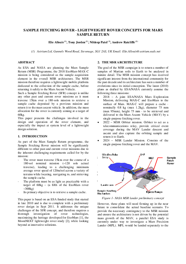 (PDF) Sample Fetching Rover-Lightweight Rover Concepts for Mars Sample ...