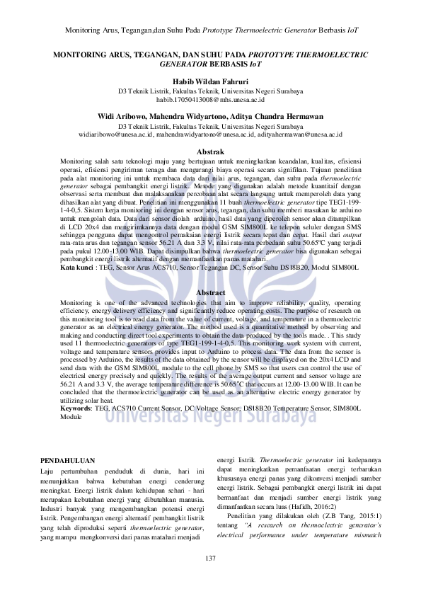 (PDF) MONITORING ARUS, TEGANGAN, DAN SUHU PADA PROTOTYPE THERMOELECTRIC GENERATOR BERBASIS IoT