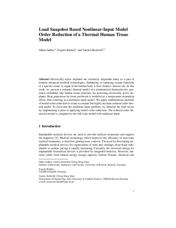 Pdf Load Snapshot Based Nonlinear Input Model Order Reduction Of A Thermal Human Tissue Model