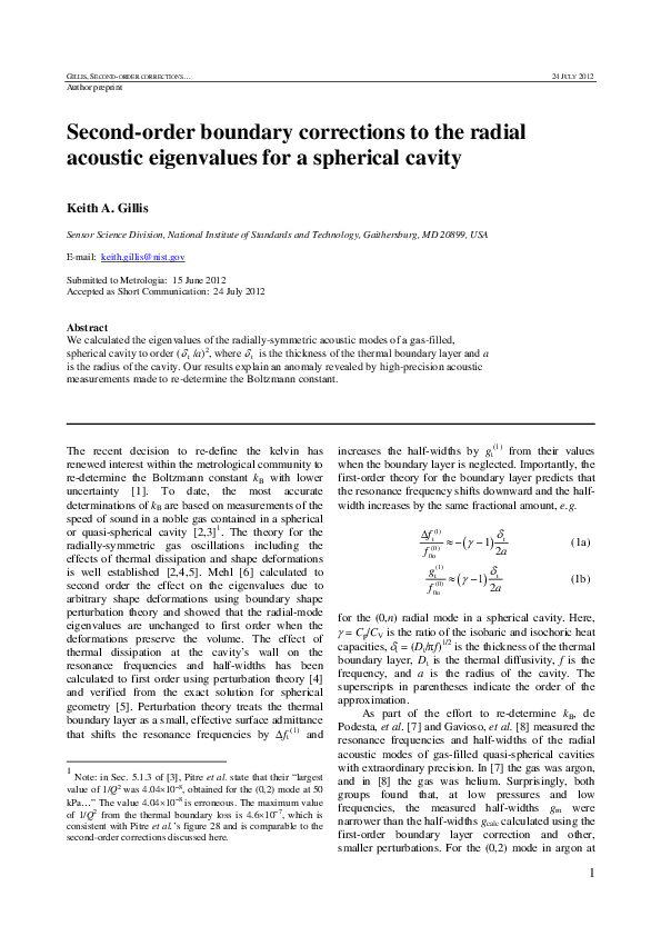 (PDF) Second-order boundary corrections to the radial acoustic eigenvalues for a spherical cavity