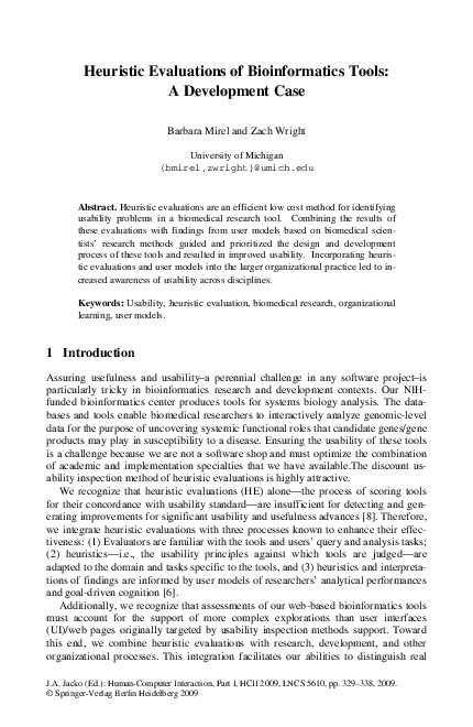 (PDF) Heuristic Evaluations of Bioinformatics Tools: A Development Case